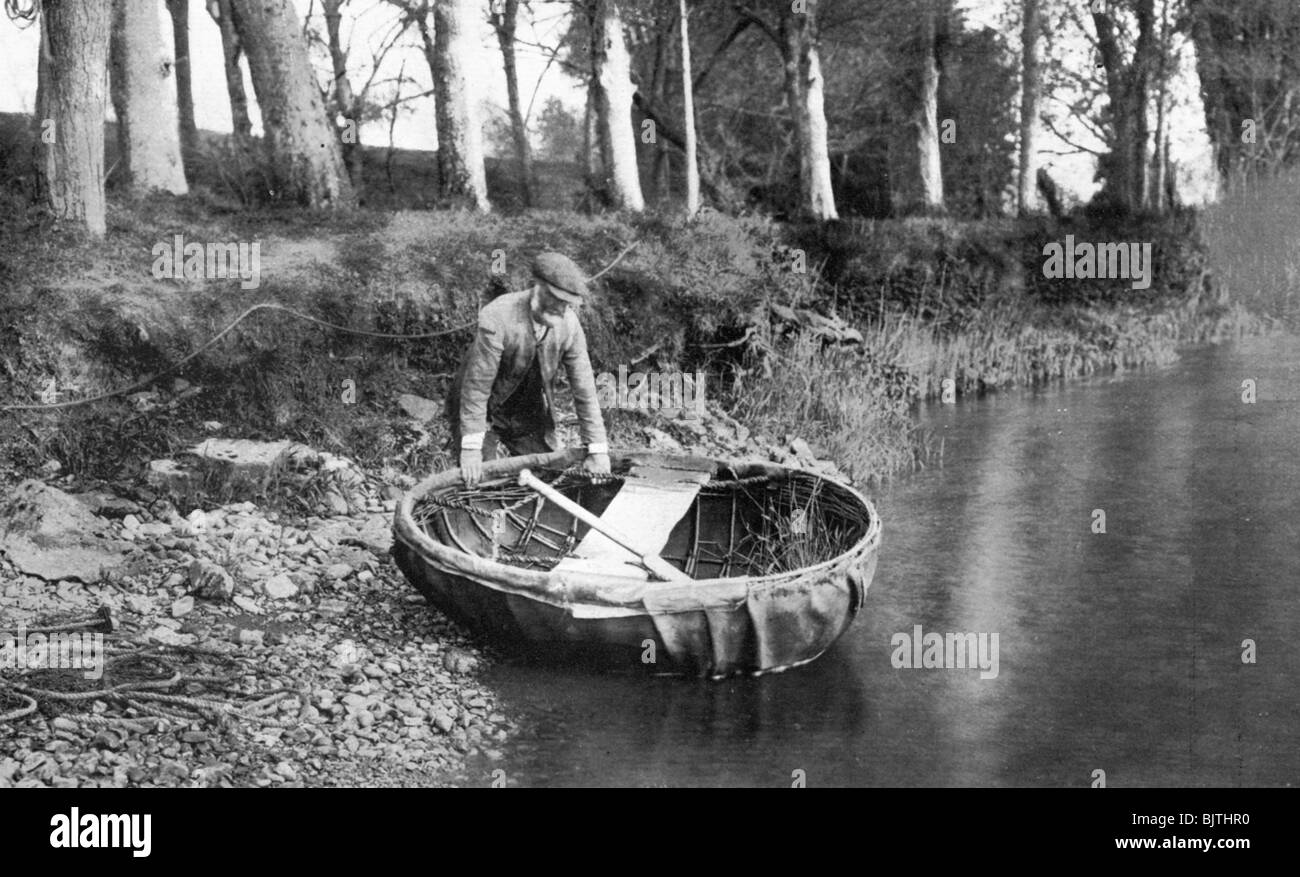 Launching a coracle on the River Boyne, County Meath, Ireland, 1924 ...