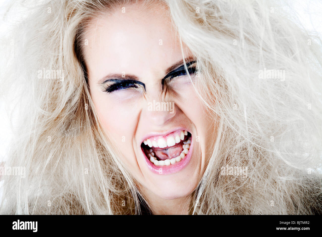 Screaming model with white wild hair. Usable for health and beauty ...