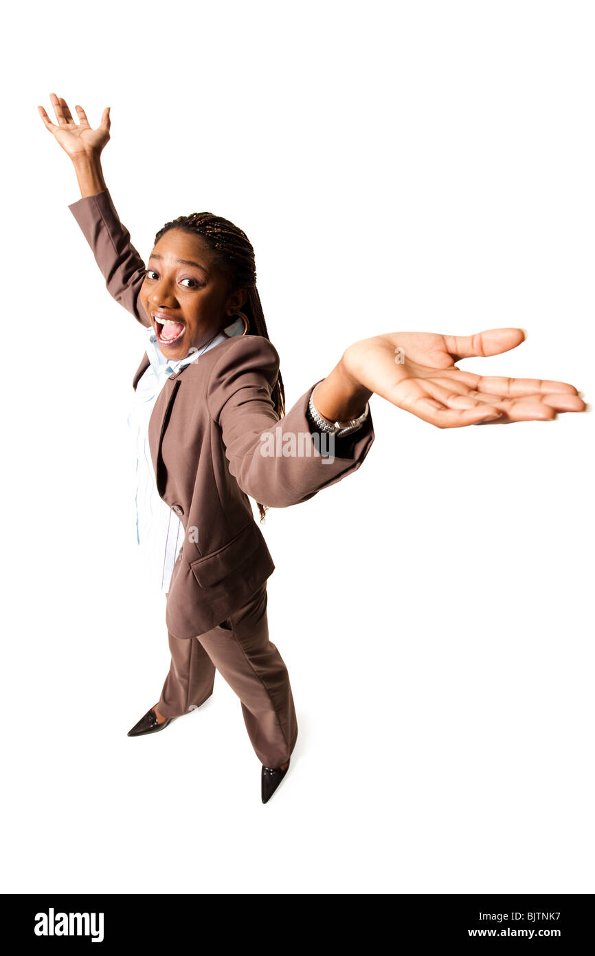 Young businesswoman with hands in the air Stock Photo - Alamy