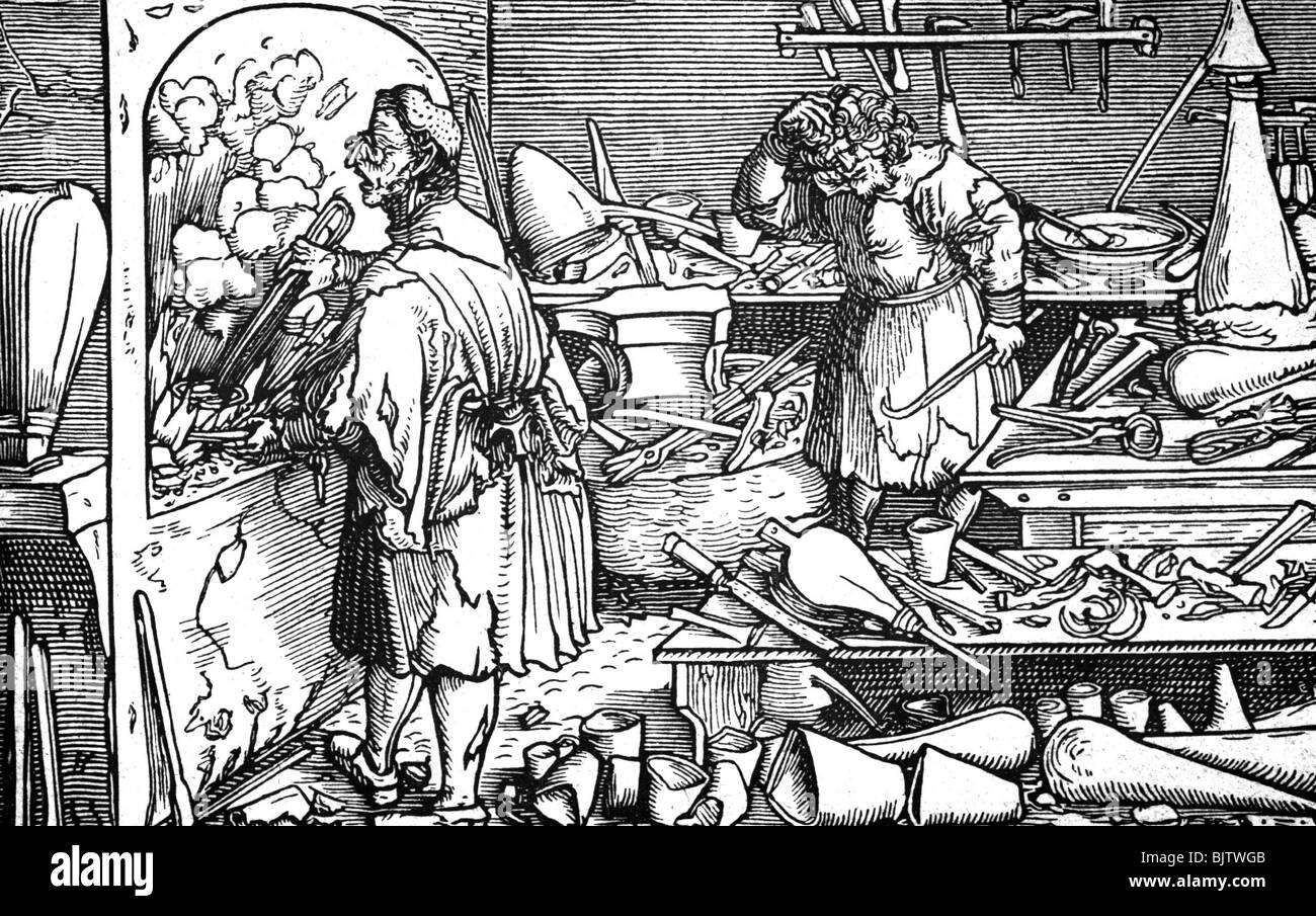 alchemy, alchemist and assistent in laboratory, woodcut, 15th century ...