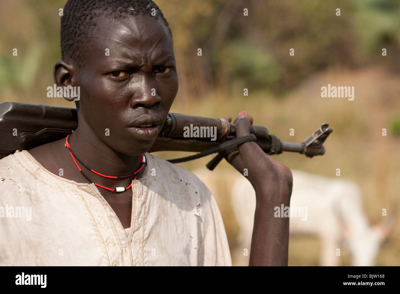 SOUTH-SUDAN, Cuibet near Rumbek , Dinka tribe, shepherd armed with ...