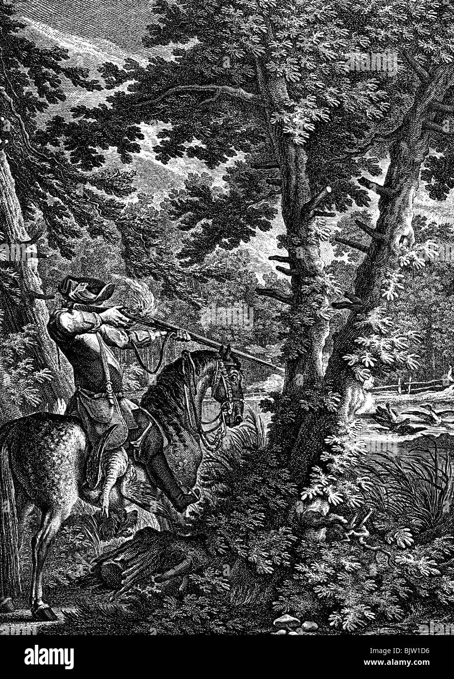 hunting, horse, hunter, private on his artillery horse, shoot on ducks ...