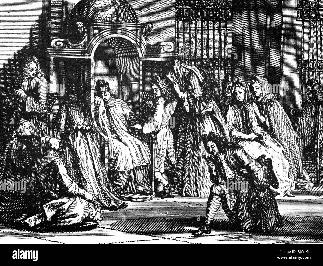 religion, Christianity, Catholic, rite, confession, copper engraving by ...