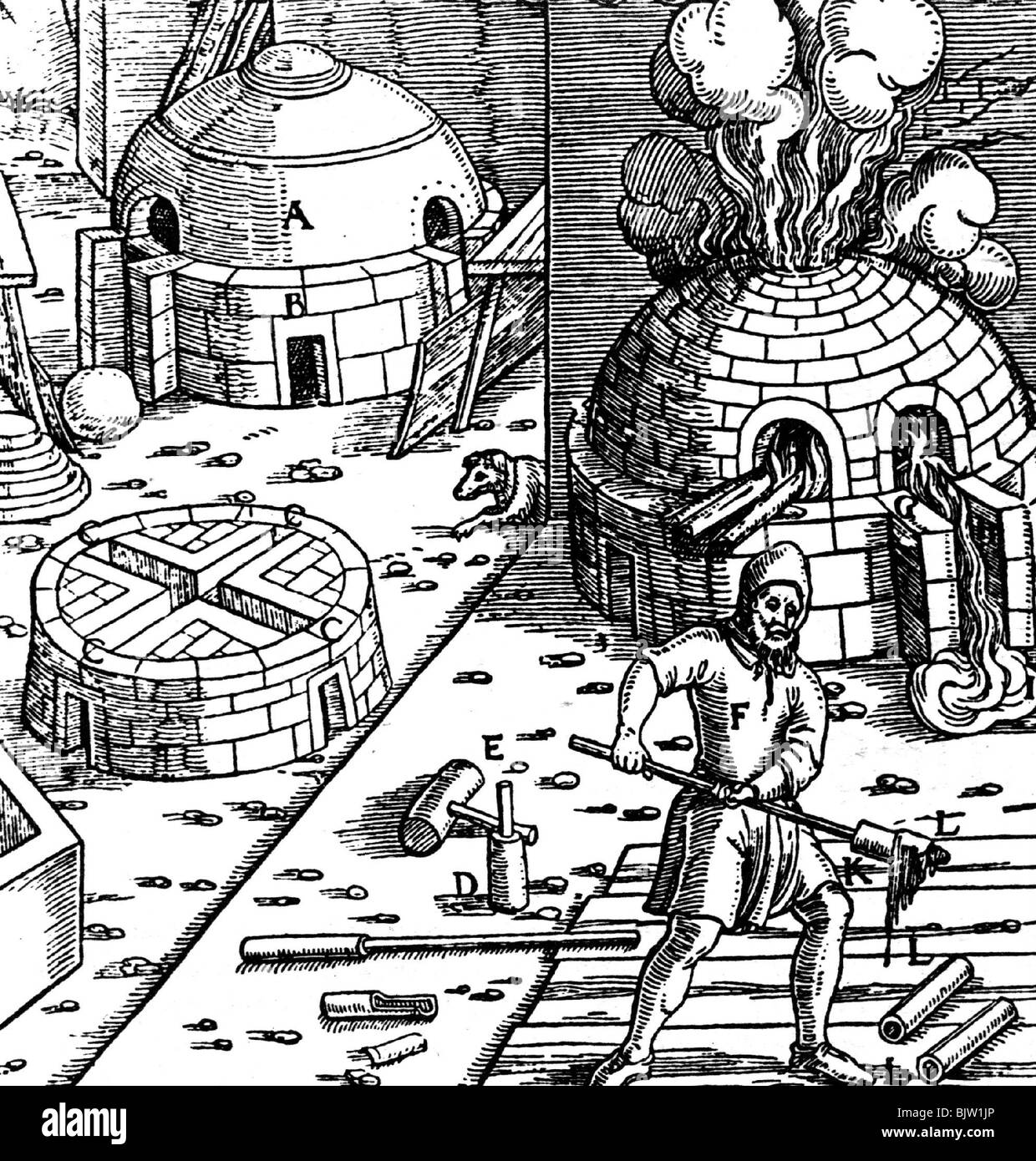 metals, silver, processing, melting furnaces, woodcut from "Auf der ...