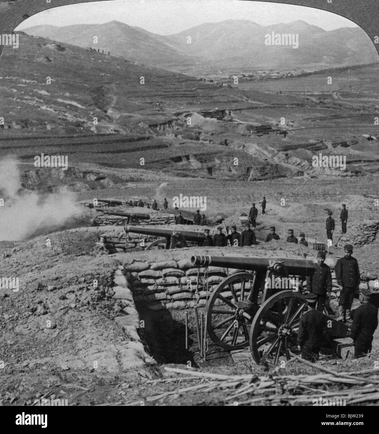 Japanese batteries firing on Russian forts, Siege of Port Arthur, Russo ...