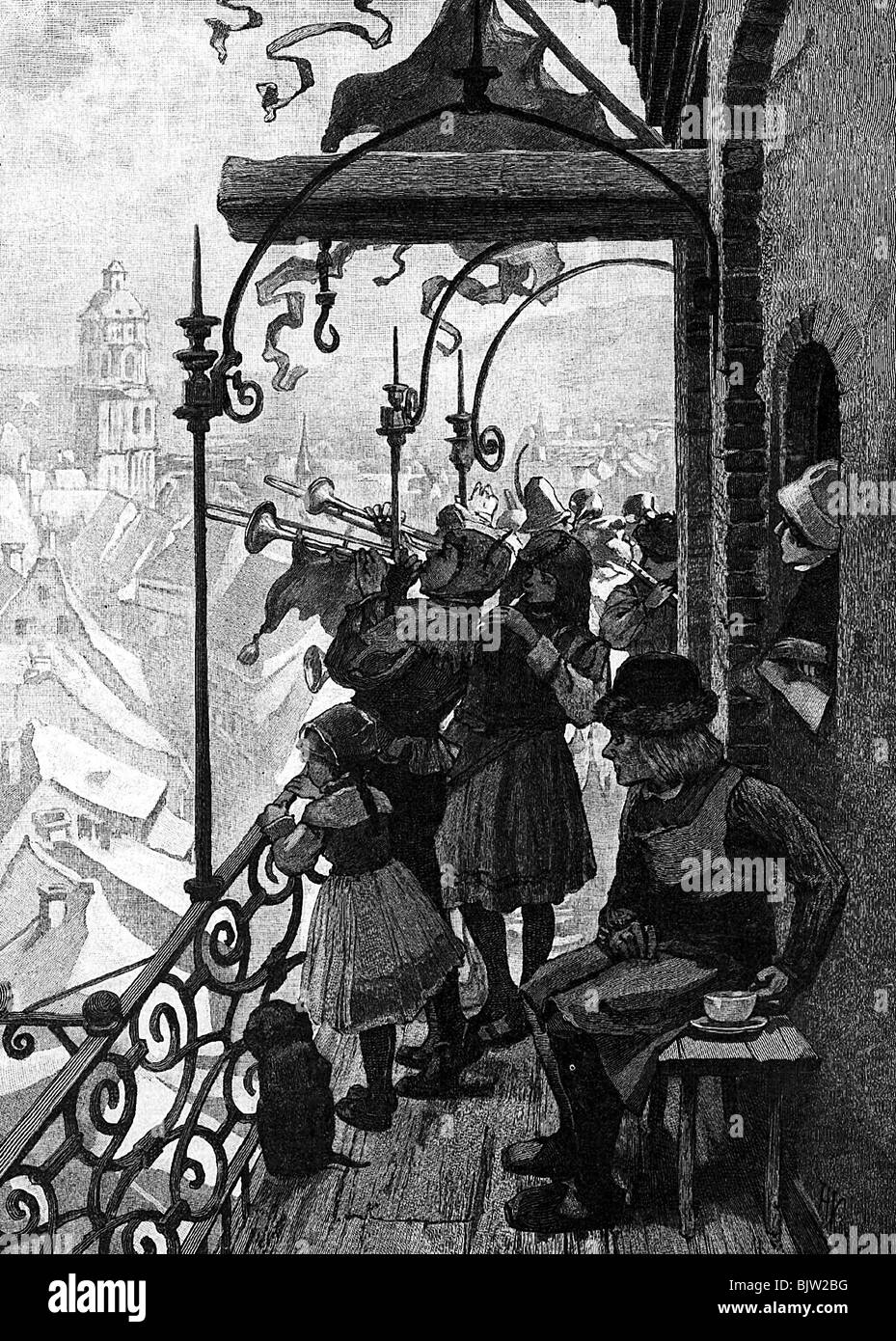 festivity, Easter, Middle Ages, tower brass band in a German town, wood ...