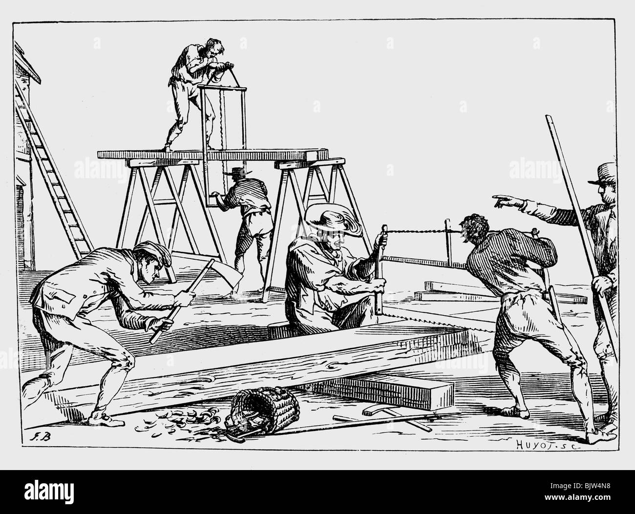 people, professions, carpenter, cutting a board, copper engraving by ...