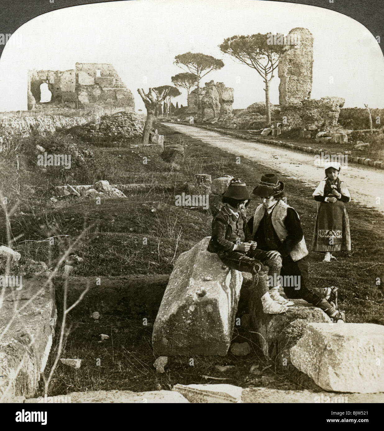 Tombs and children in traditional dress, Appian Way, Rome, Italy.Artist ...