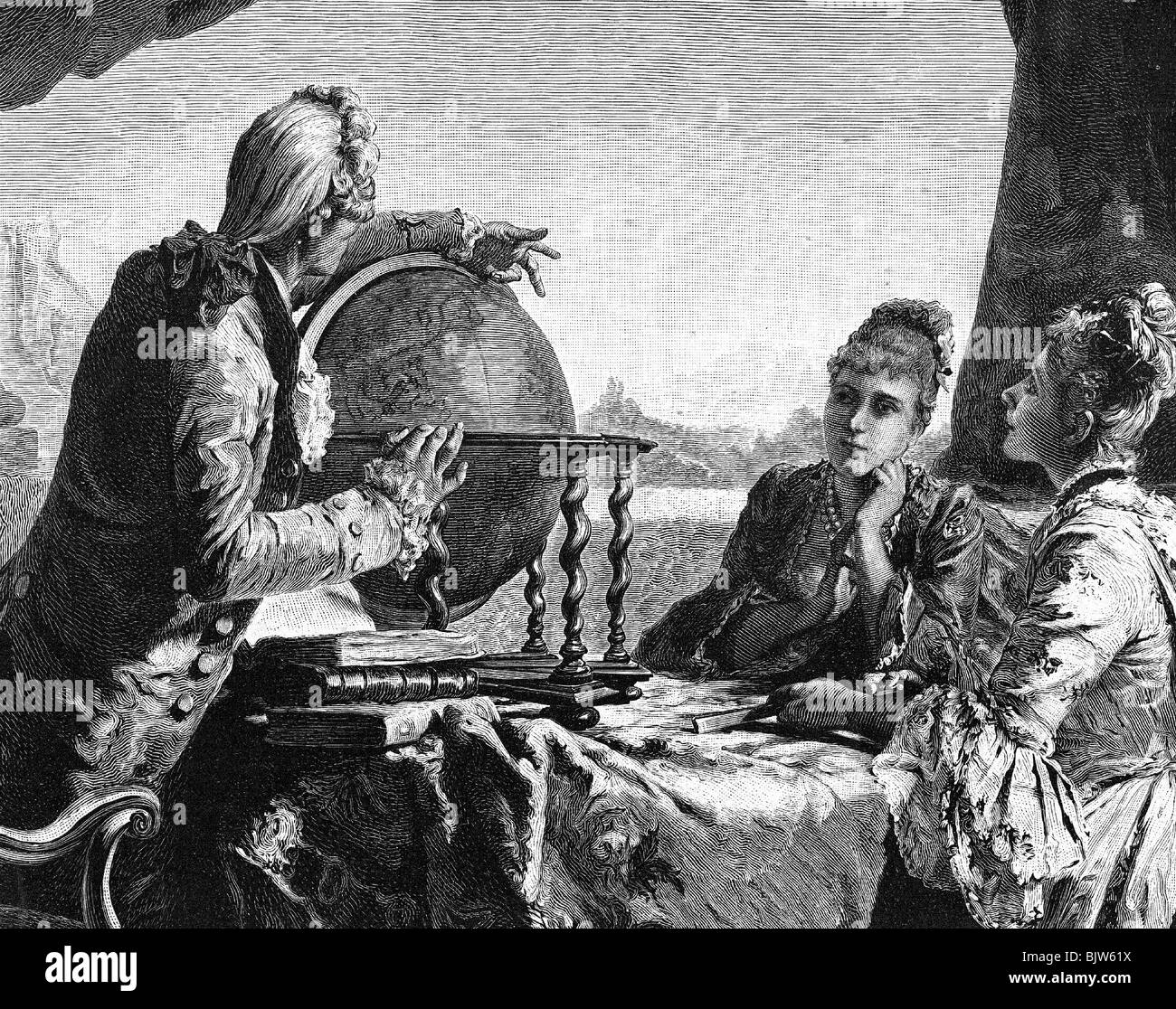 education, geography lesson, two young women with their teacher, wood ...