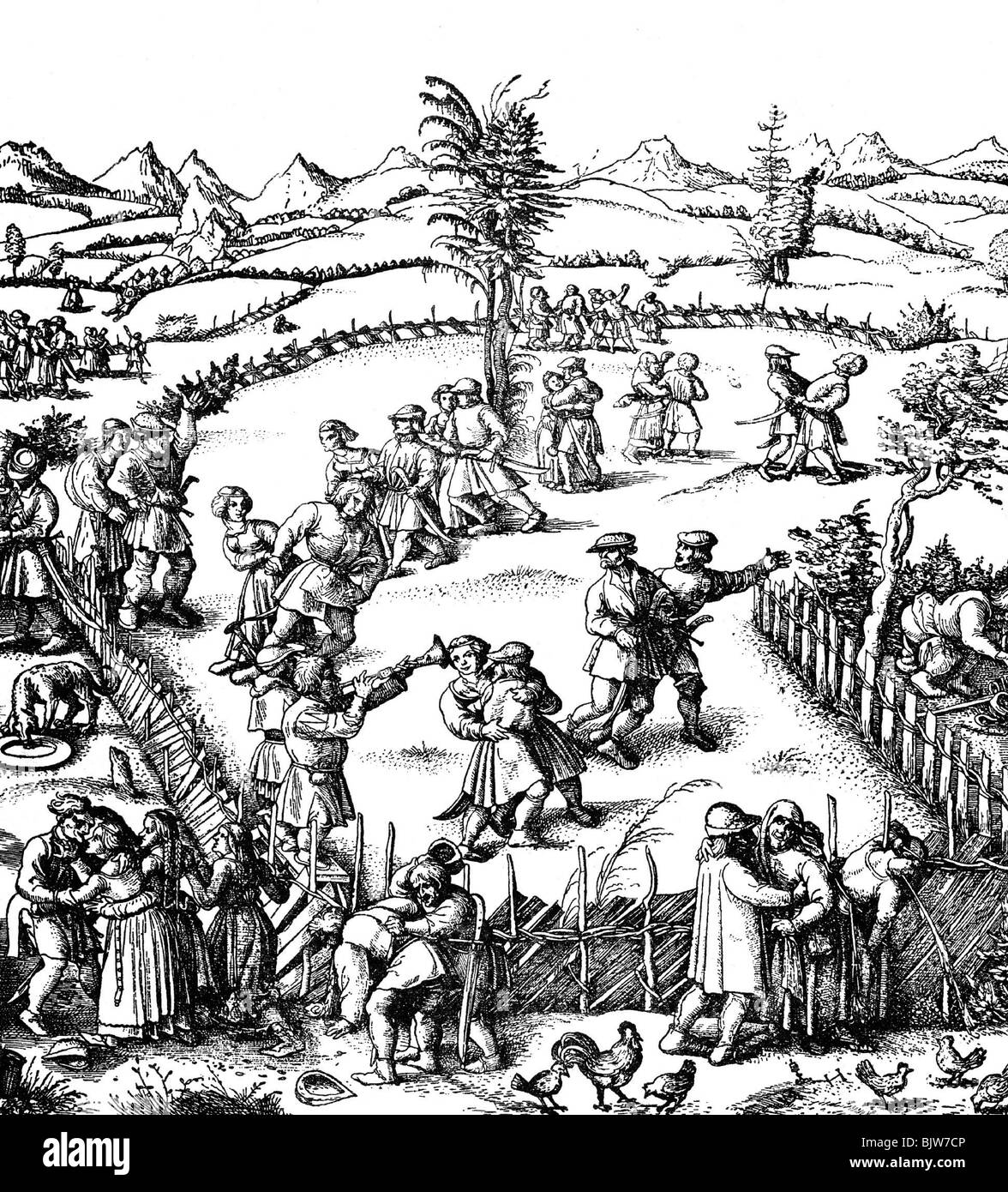 festivity, kermesse, dancing farmer, copper engraving by Daniel Hopfer ...