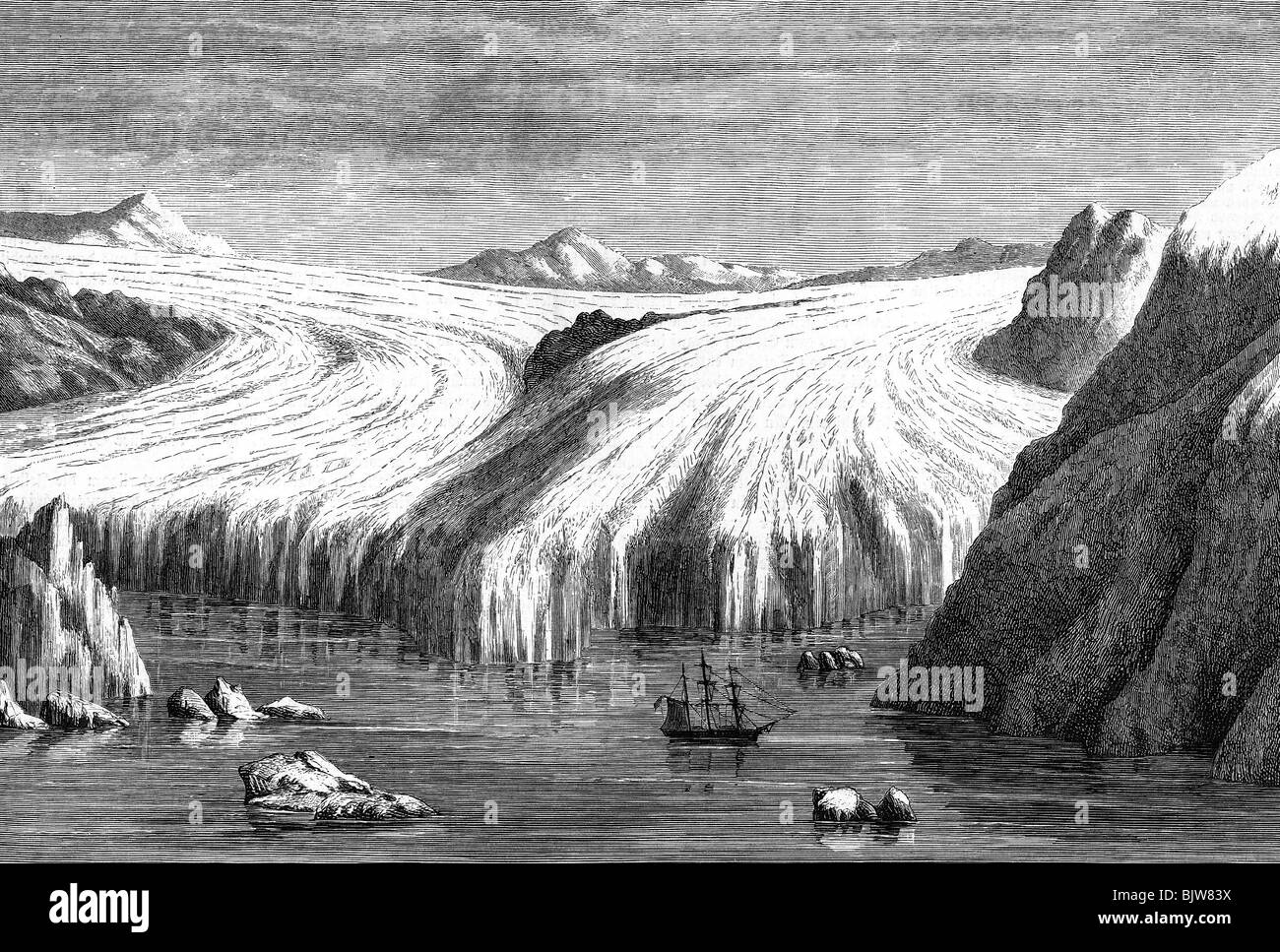 geography / travel, Denmark, Greenland, sliding glacier, wood engraving ...