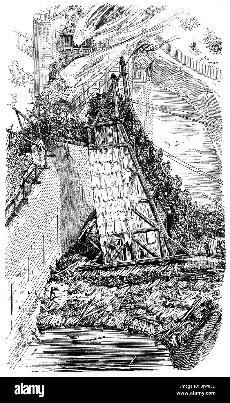 military, siege, storming of a medieval city, wood engraving, 19th ...