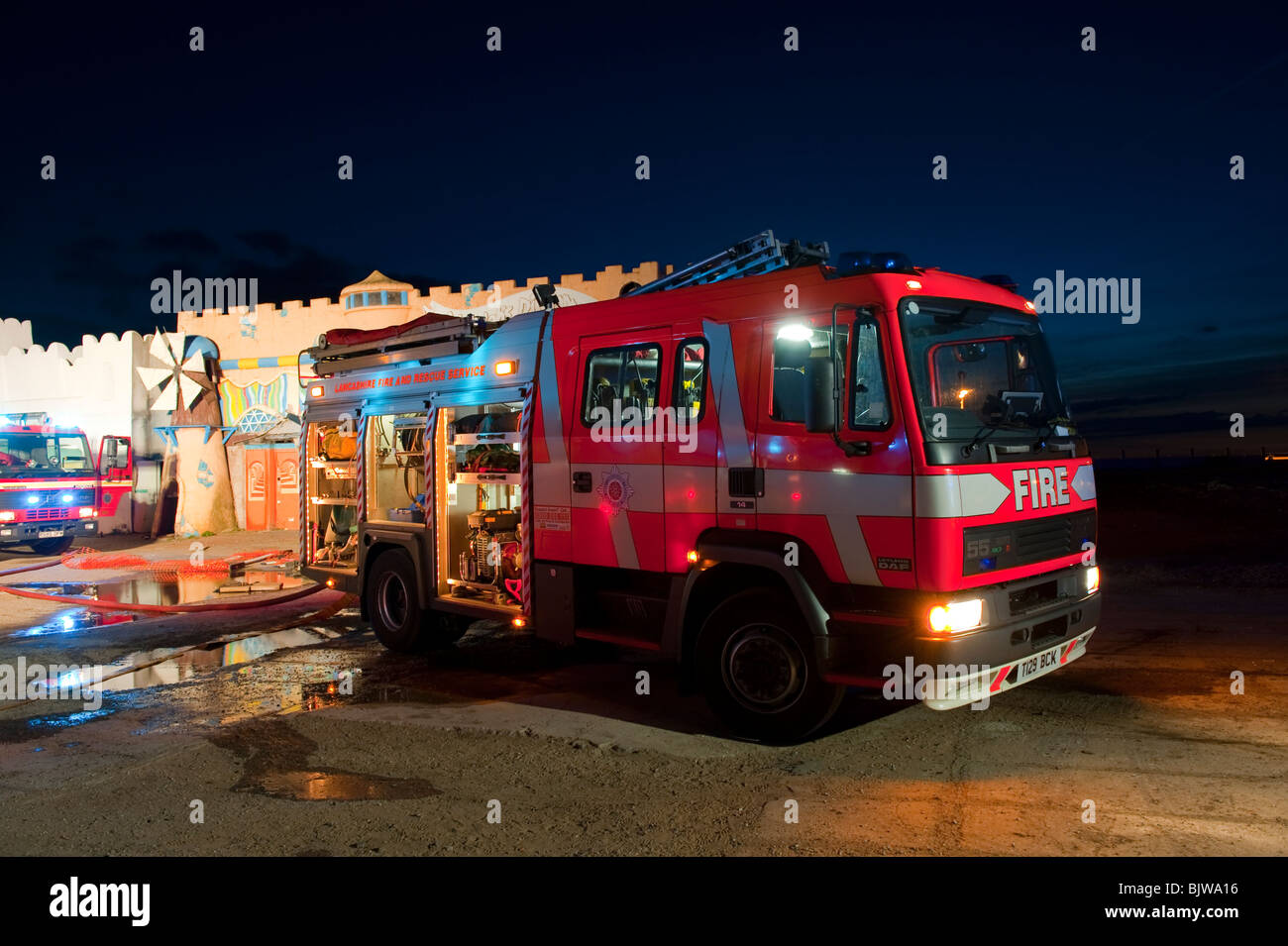 Lancashire Fire and Rescue Service engine at night Stock Photo - Alamy