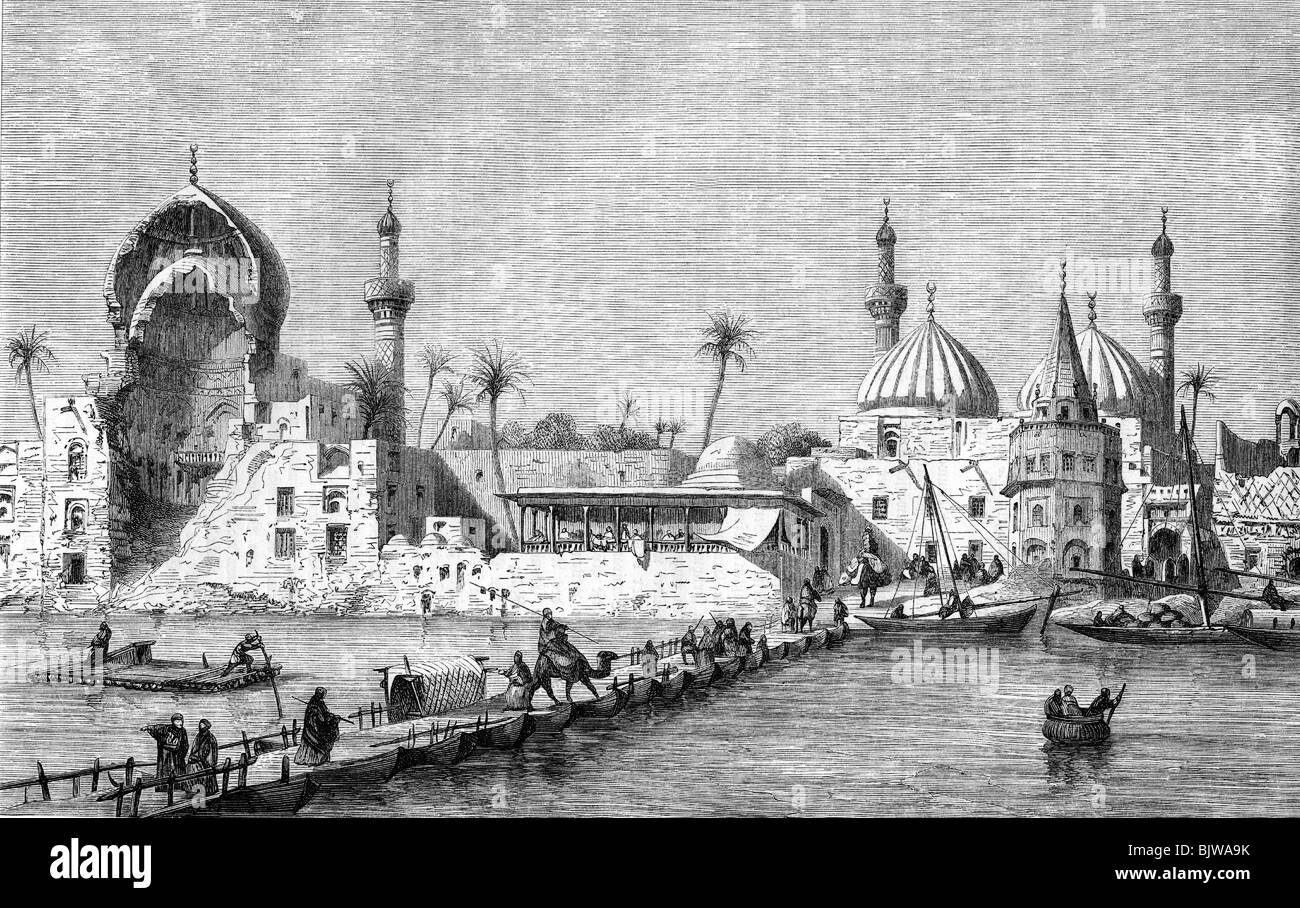 geography / travel, Iraq, Baghdad, bridge, wood engraving, 1855 Stock ...