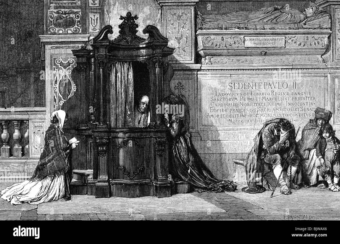 religion, Christianity, confession, scene at confessional, copper ...