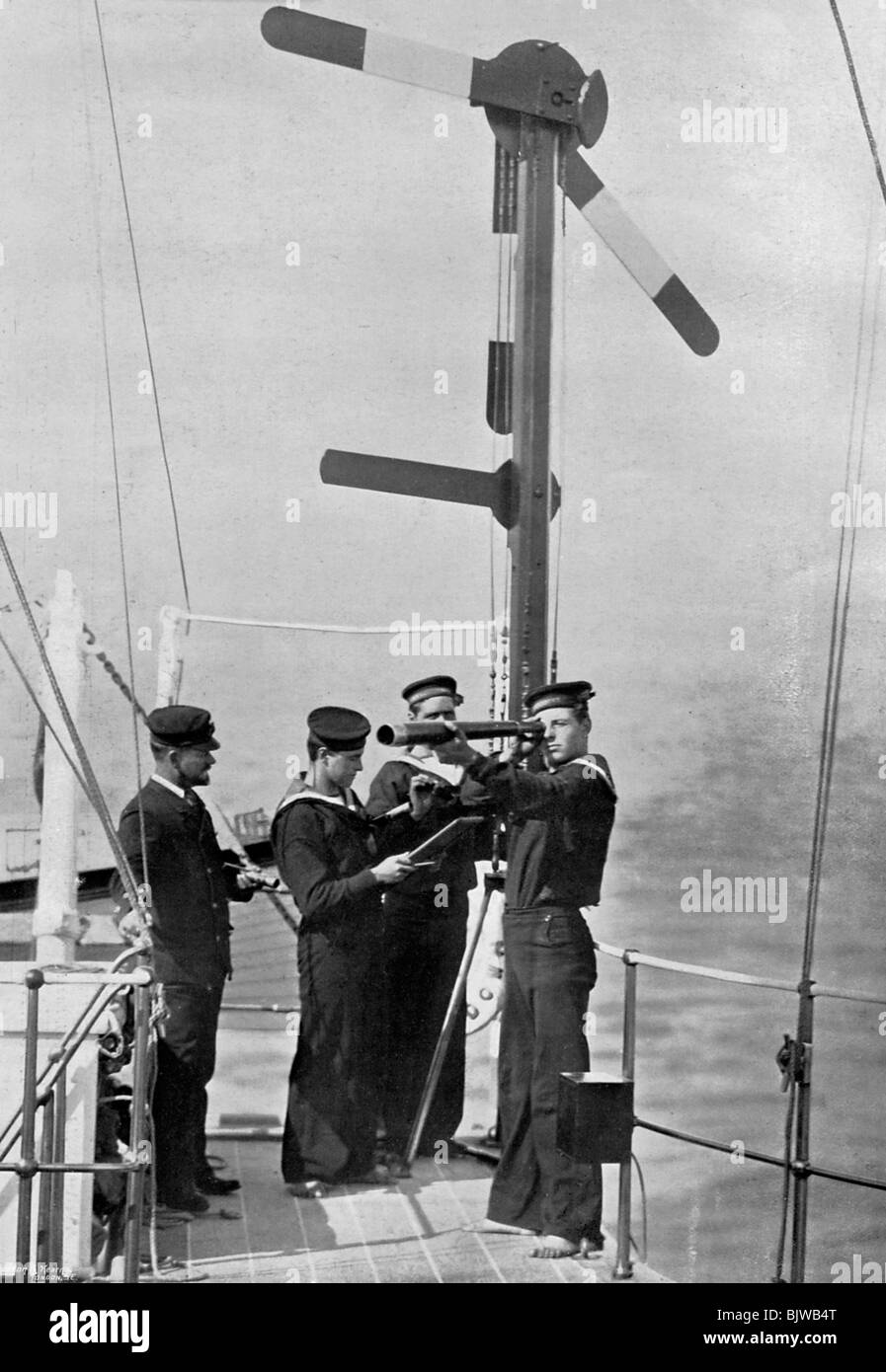 Signalling by semaphore on board HMS 'Camperdown', 1895. Artist ...