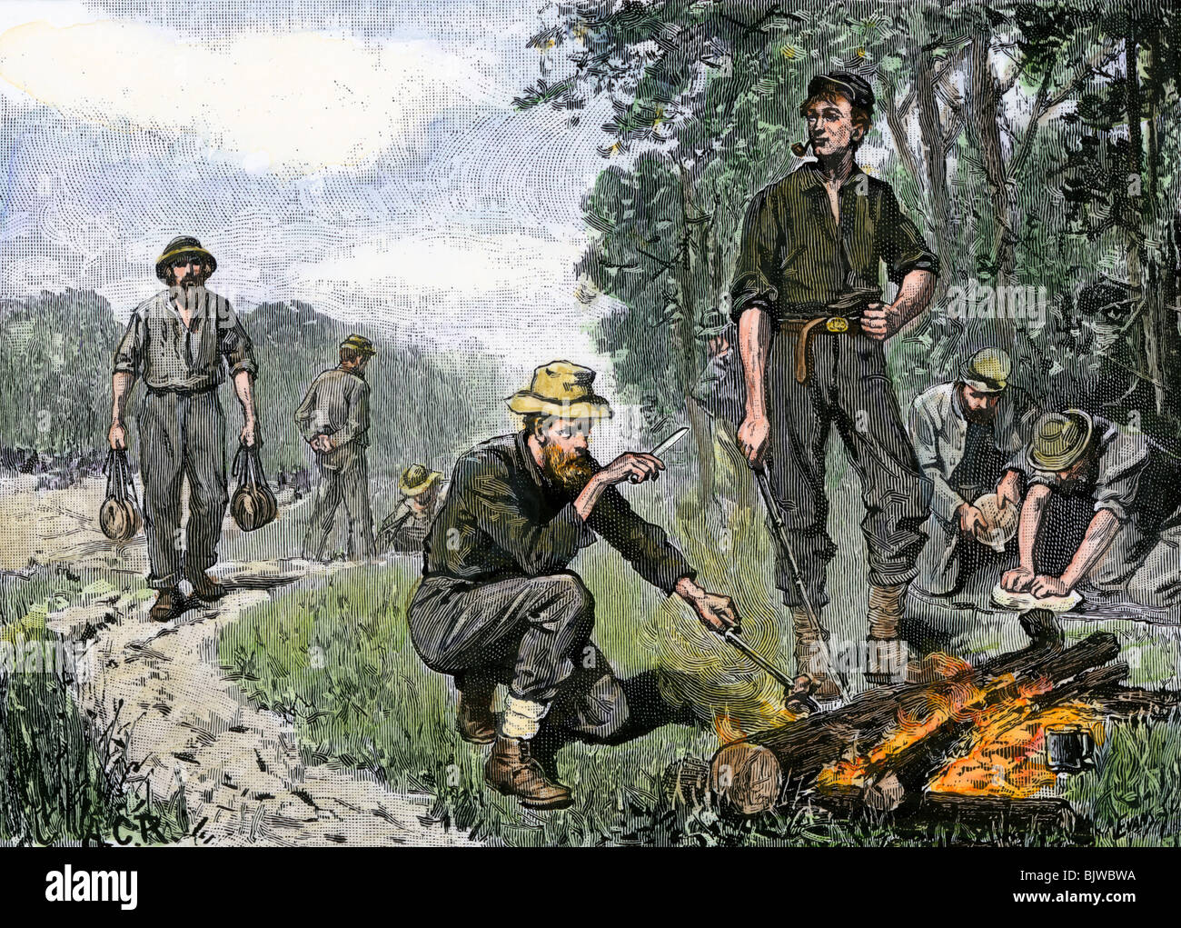 Tired and hungry Confederate soldiers cooking supper after a hard march ...