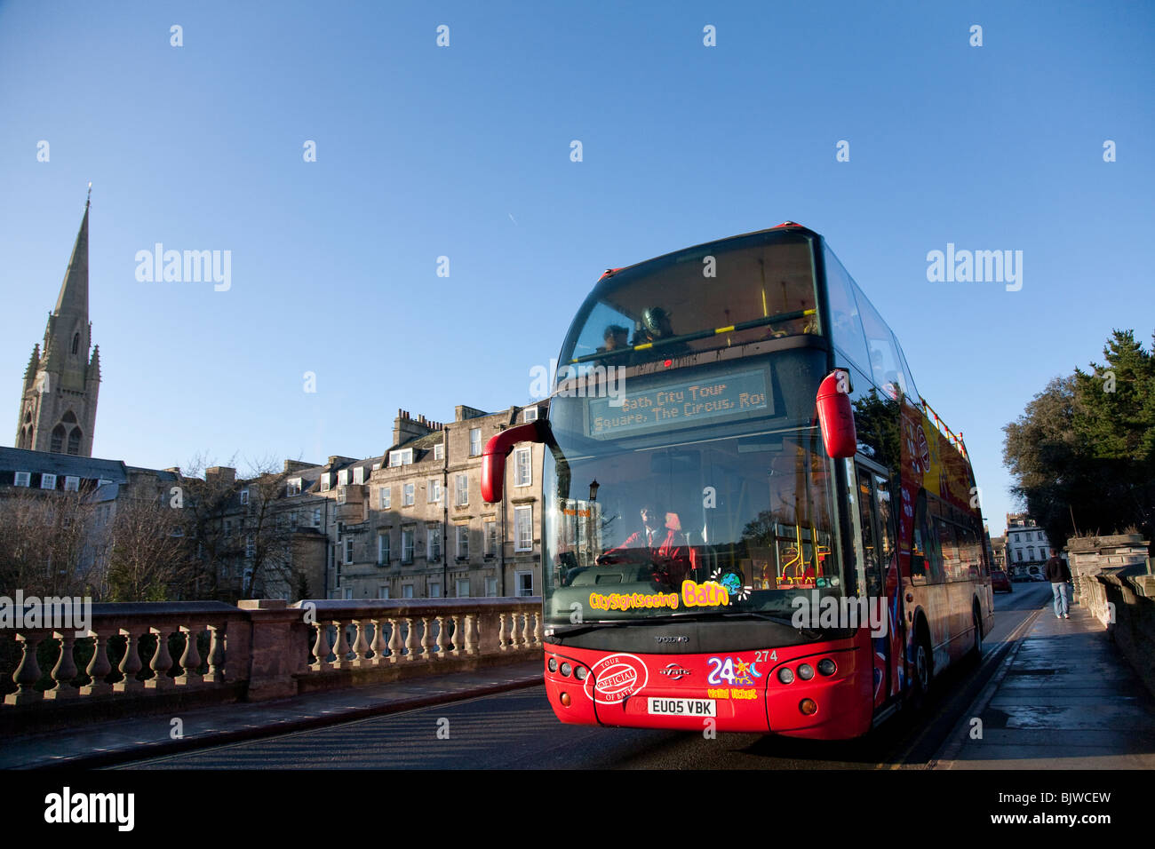 An open top red double decker tourist bus in Bath Stock Photo - Alamy
