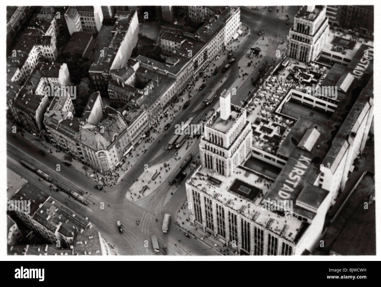 Aerial view of Hermannplatz, Berlin Neukoelln, Germany, from a Zeppelin ...