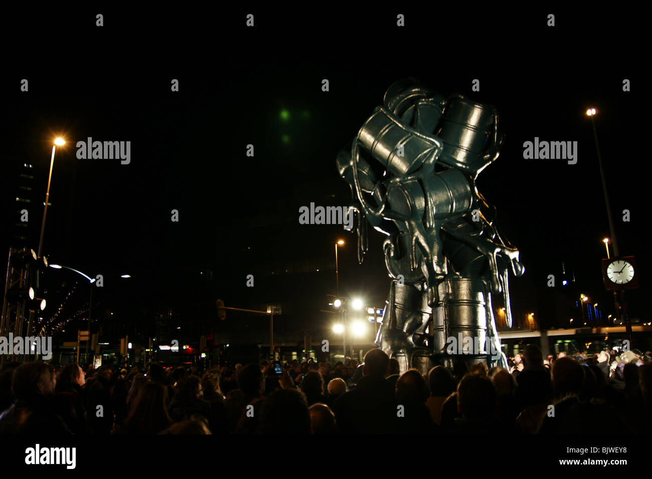 Unveling The Cascade statue sculpture at night in Rotterdam Netherlands ...
