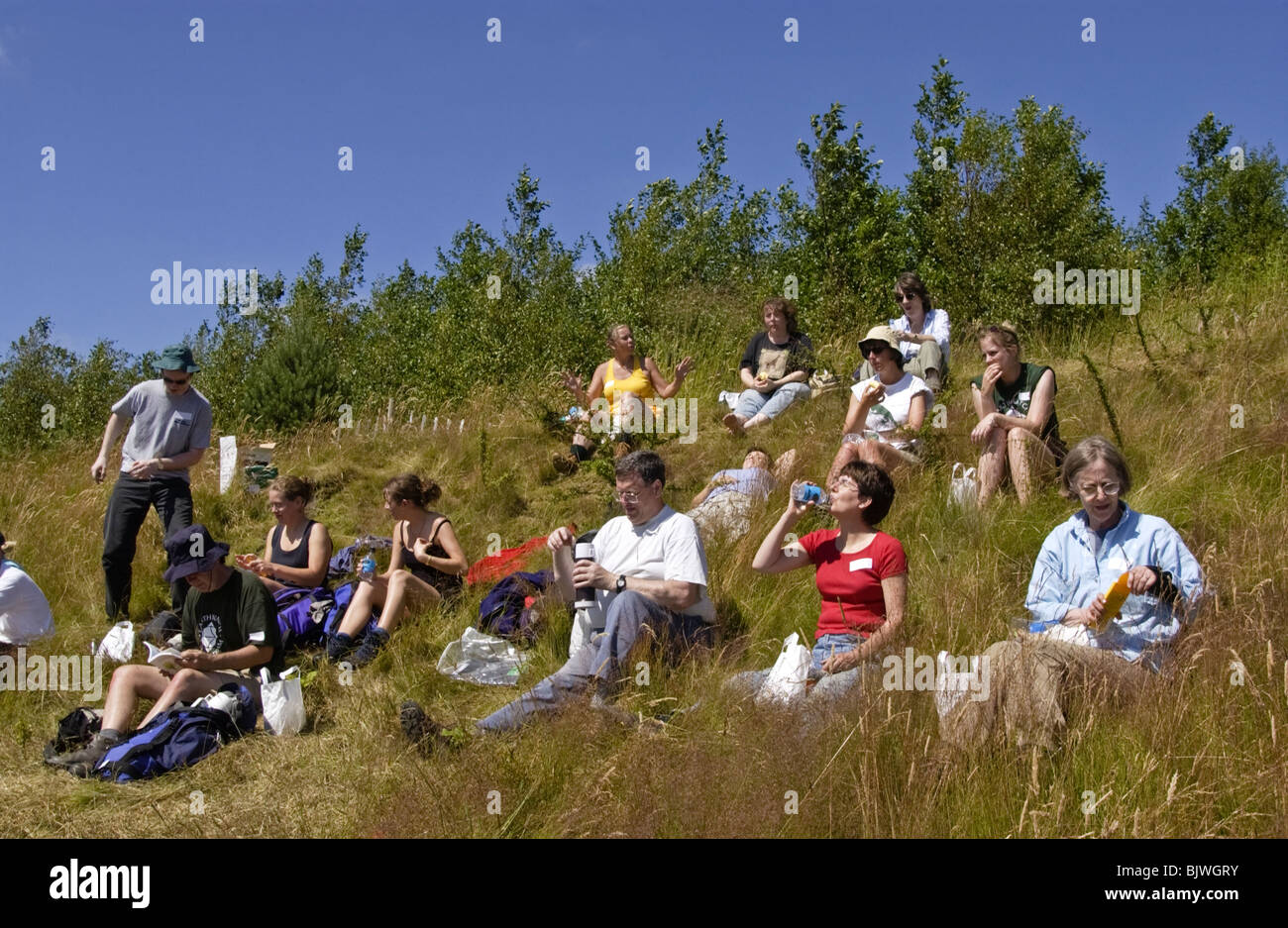 Volunteers take a break on the reclaimed coal tips at the Varteg Field ...