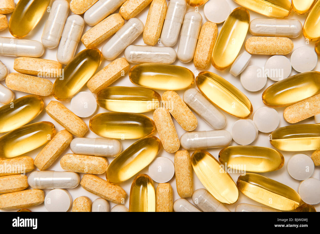 Random Arrangement of Various Food Supplement Pills and Capsules. Omega ...