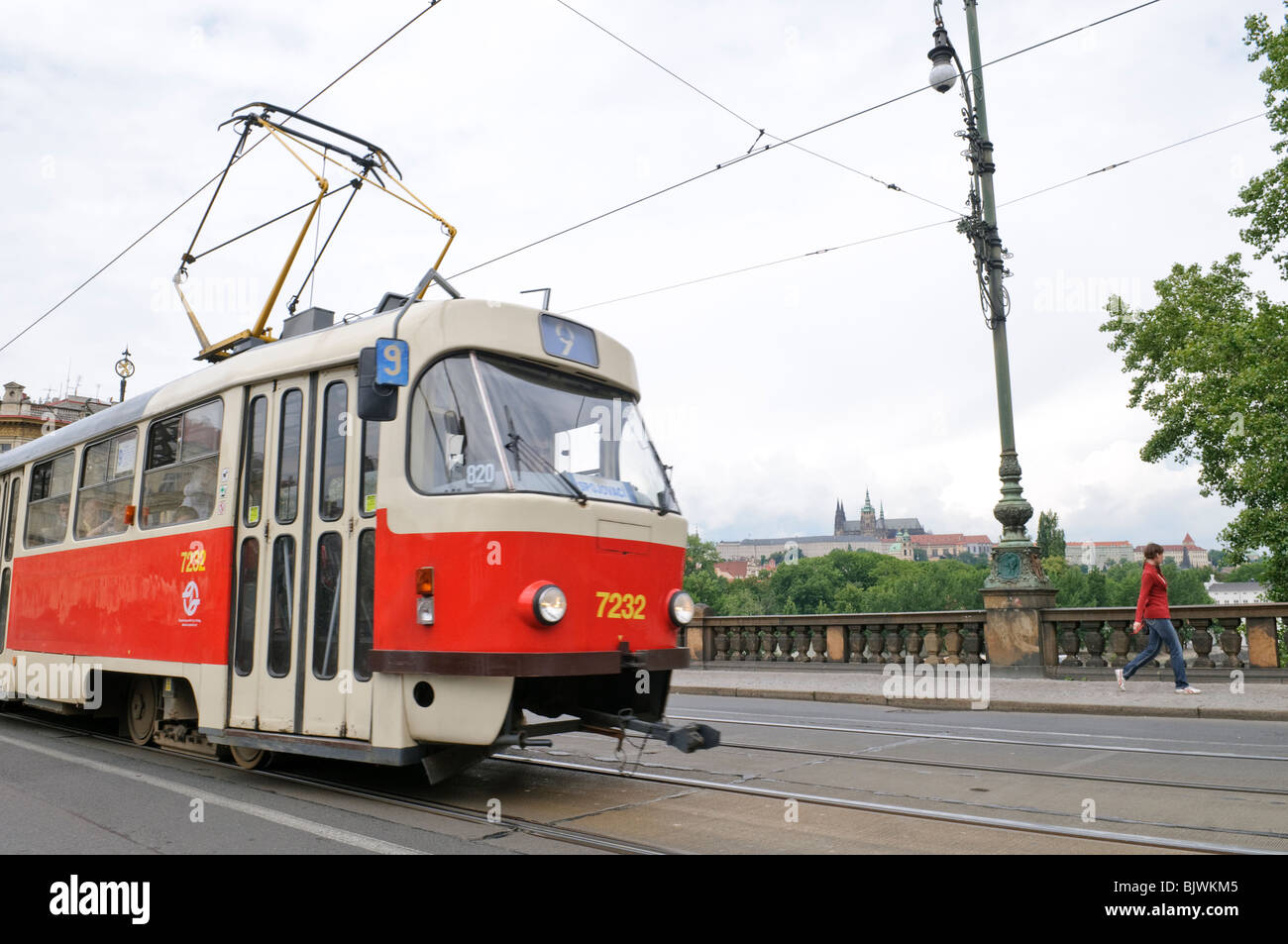 PRAGUE, Czech Republic - Tram in Prague with Prague Castle in the ...