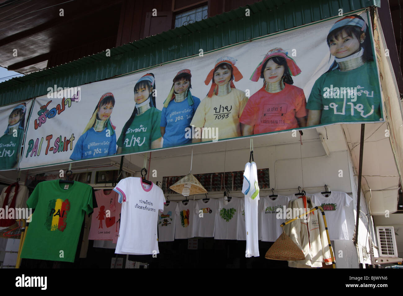 A clothes shop uses Long Neck Karen for its advertising in Pai, in ...