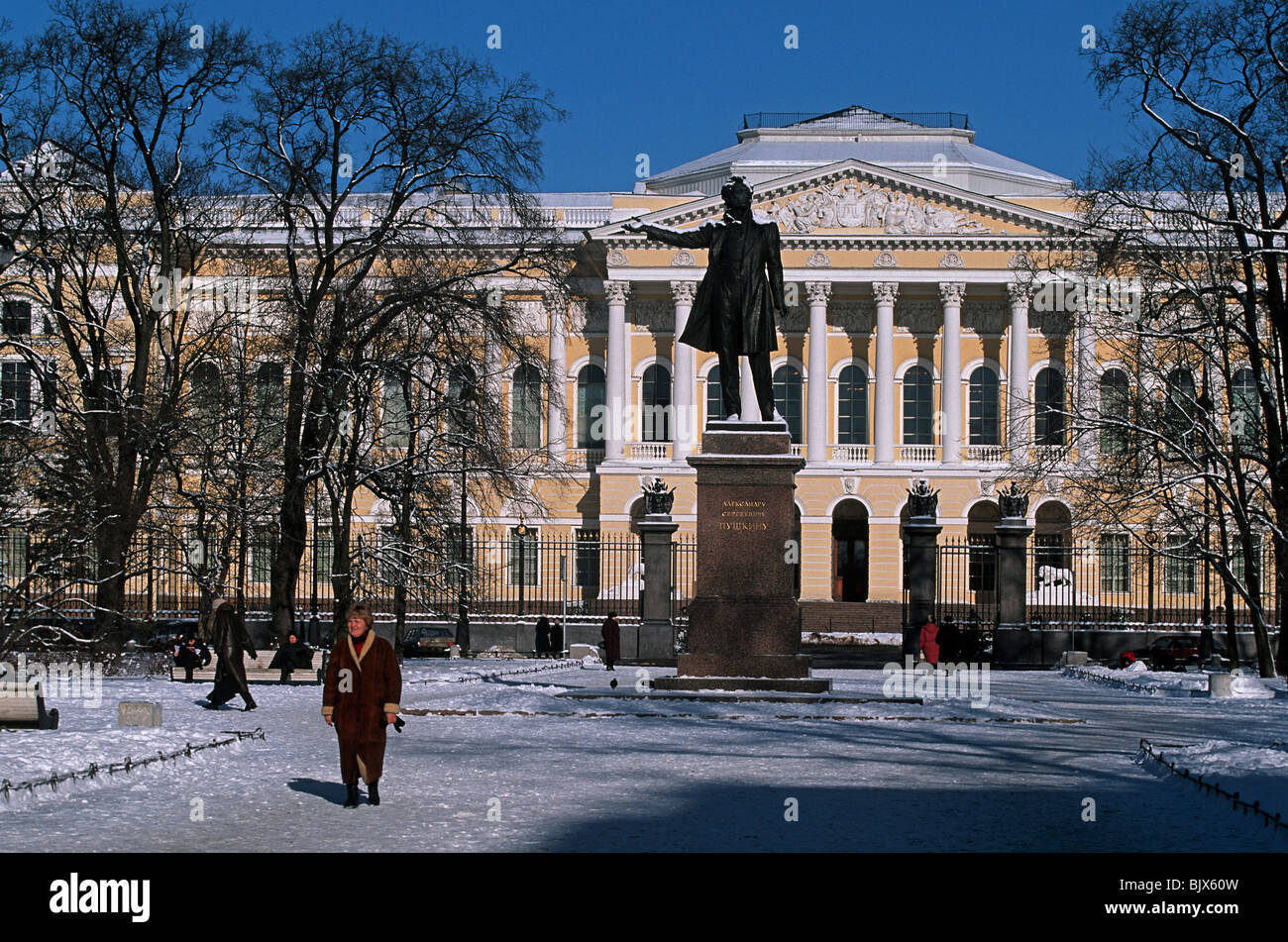Russia,St Petersburg,Russian Museum,Pushkin statue,winter,snow Stock ...