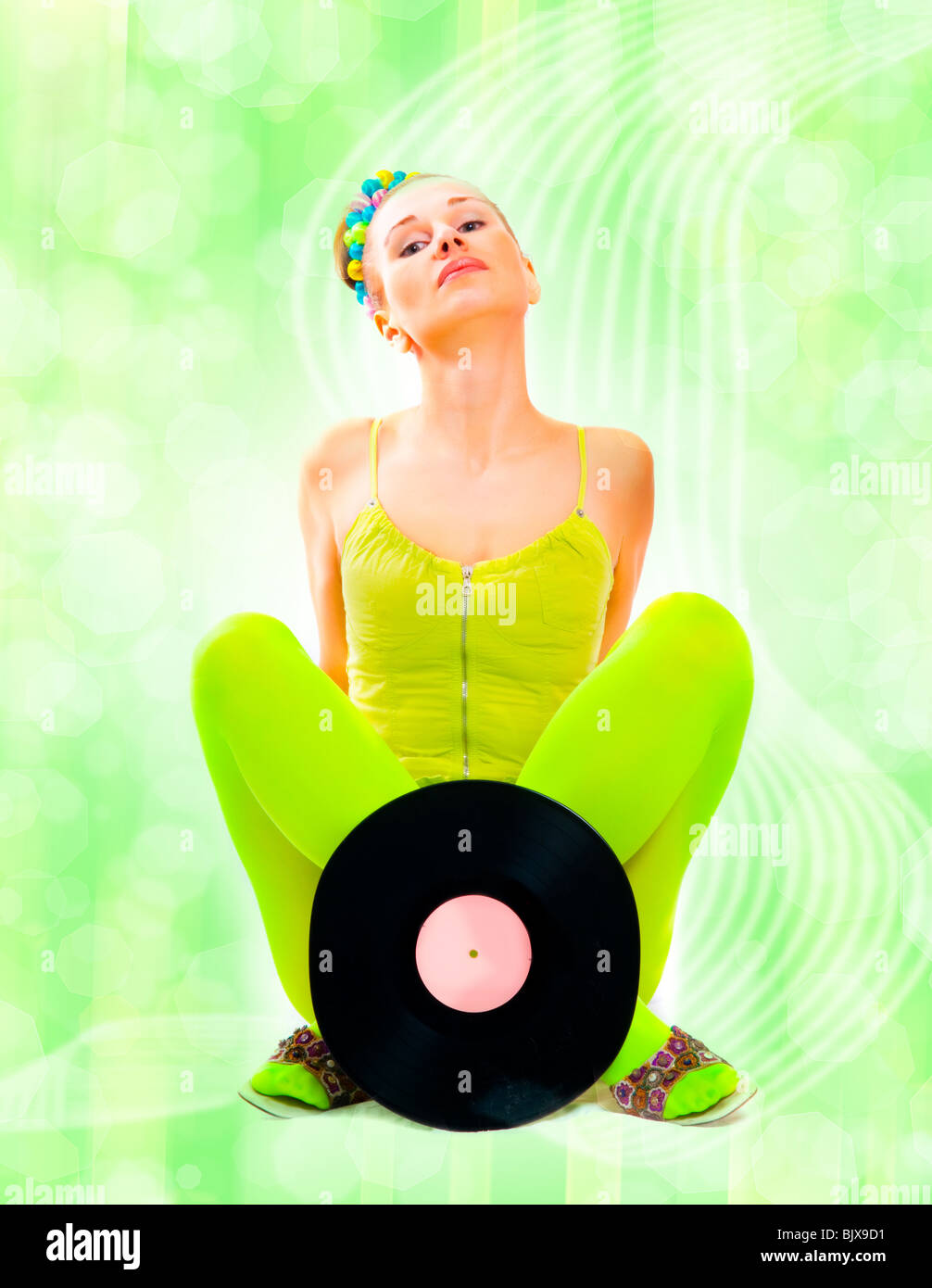 Disco girl with vinyl Stock Photo - Alamy