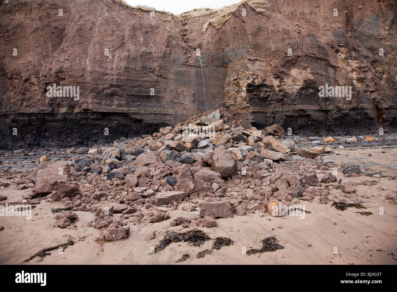 A rock fall from the cliffs at Robin Hoods Bay after heavy rain and a ...