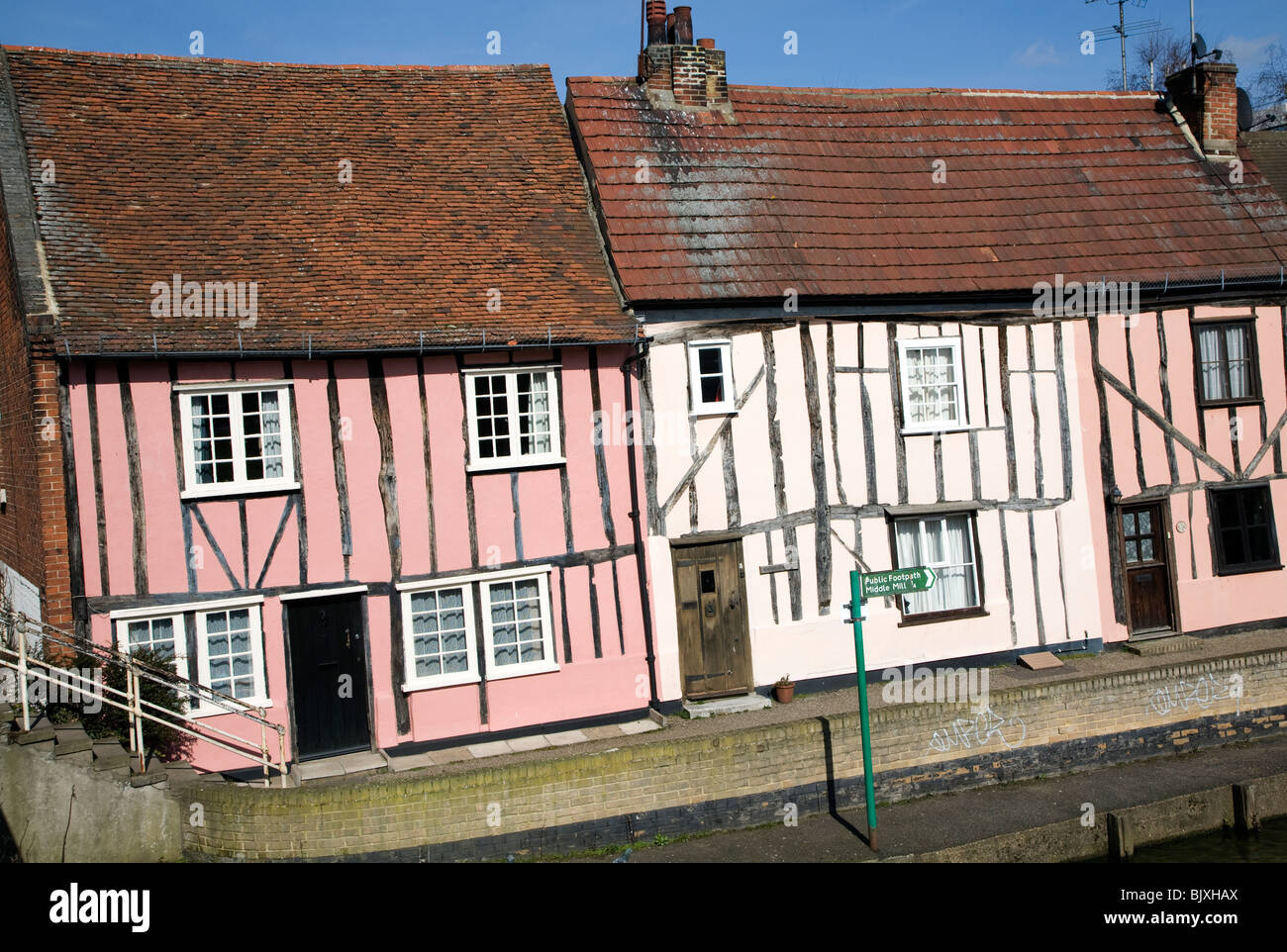 Medieval timber framed houses on River Colne riverside Colchester Essex ...