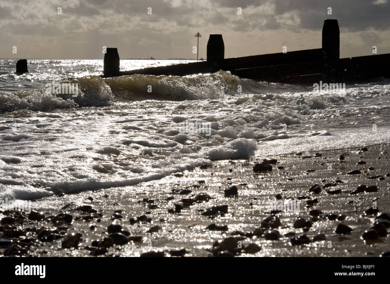 seaside beach in Southend-On-Sea, Essex with choppy sea and dark ...