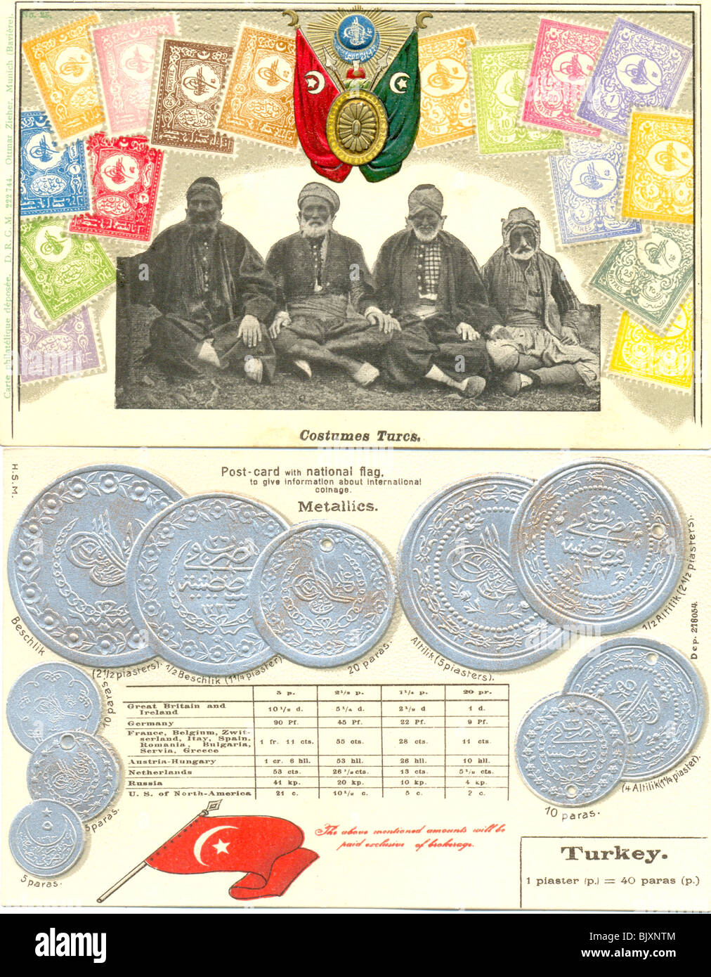 picture postcards showing the coinage and stamps of Turkey Stock Photo ...