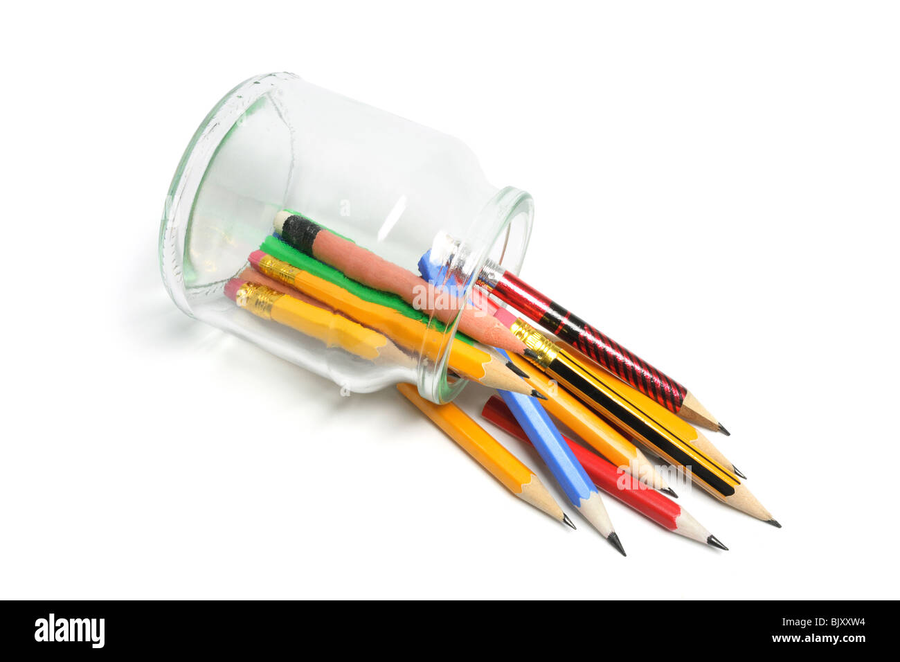Pencils Spilling out of Fallen Glass Jar Stock Photo - Alamy
