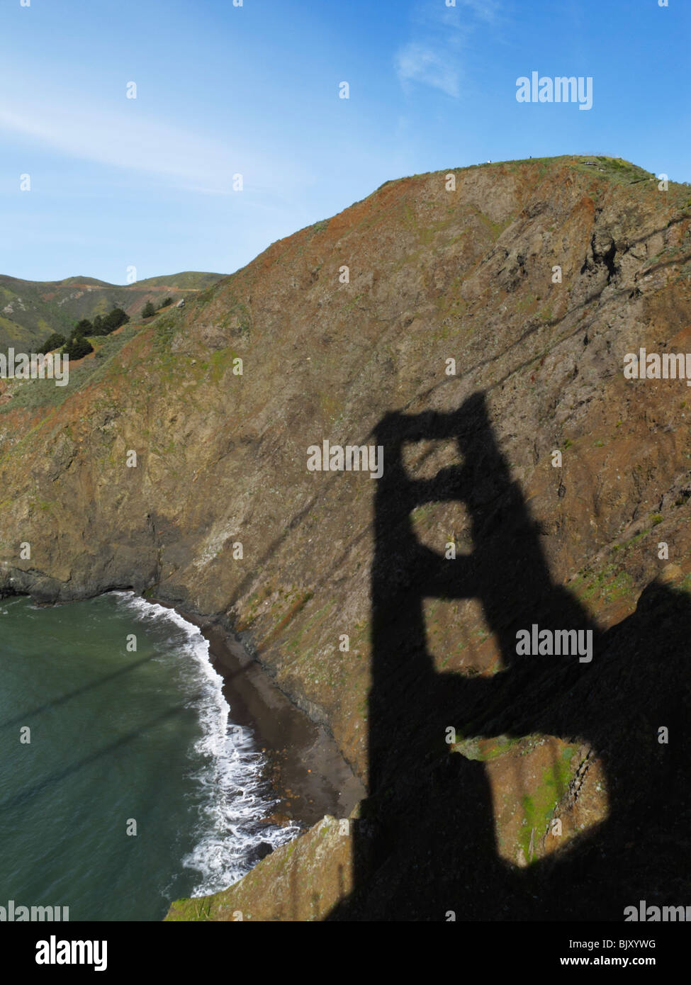 The shadow of the Golden Gate Bridge casted onto the Battery Spencer ...