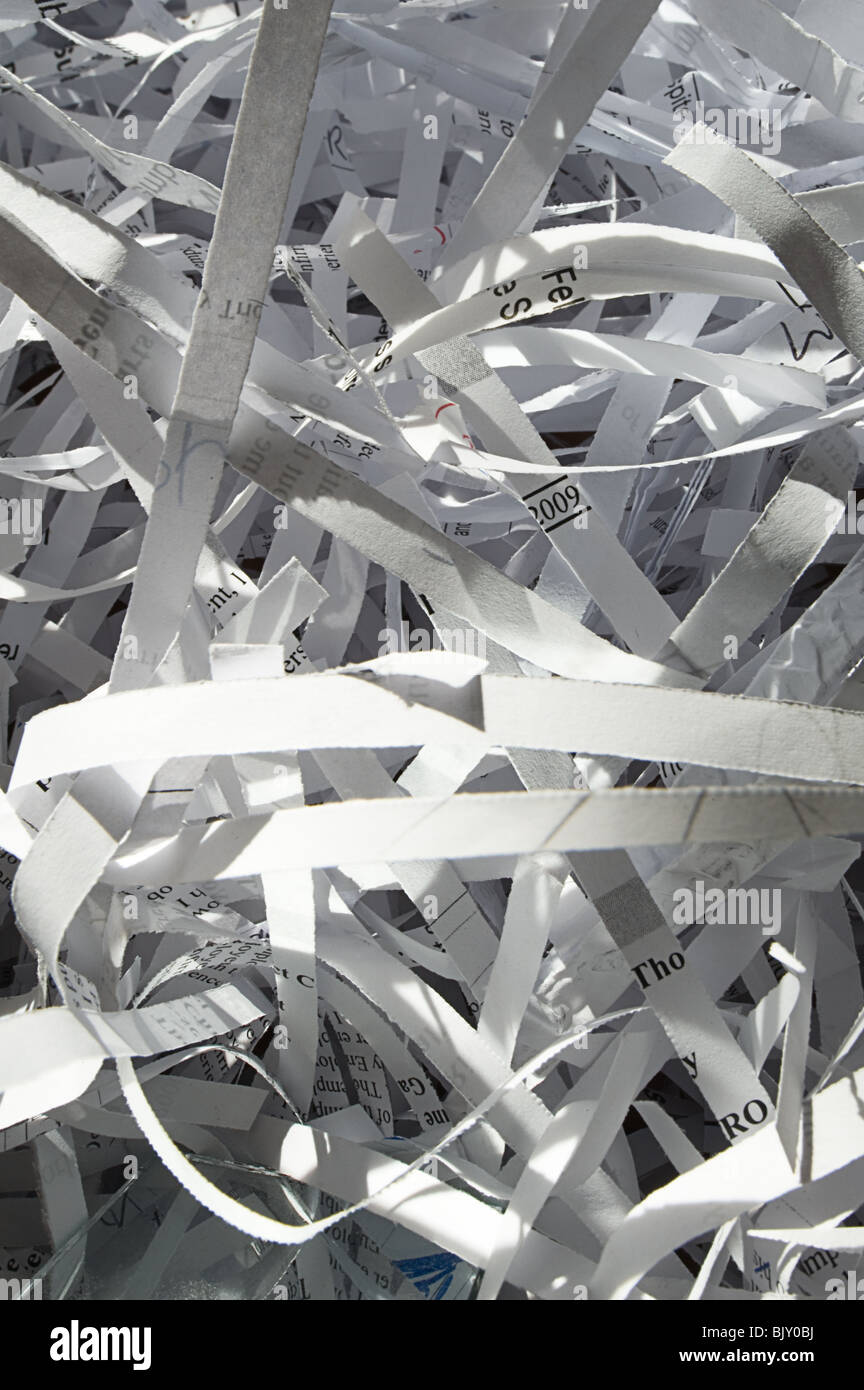 Shredded documents waste paper inside thin transparent plastic bag ...