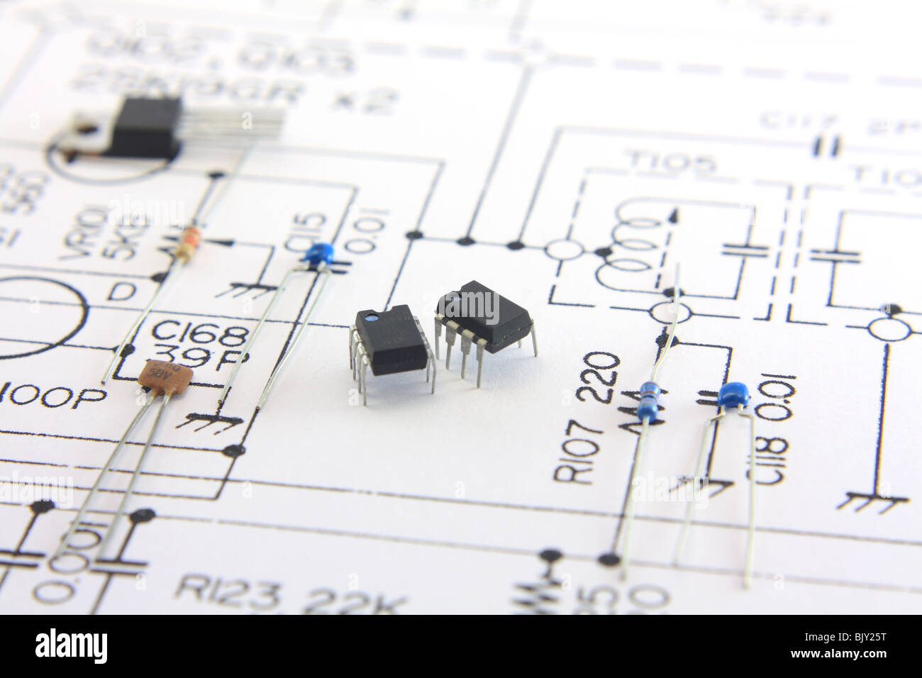Electronic tools and components on a scheme Stock Photo - Alamy