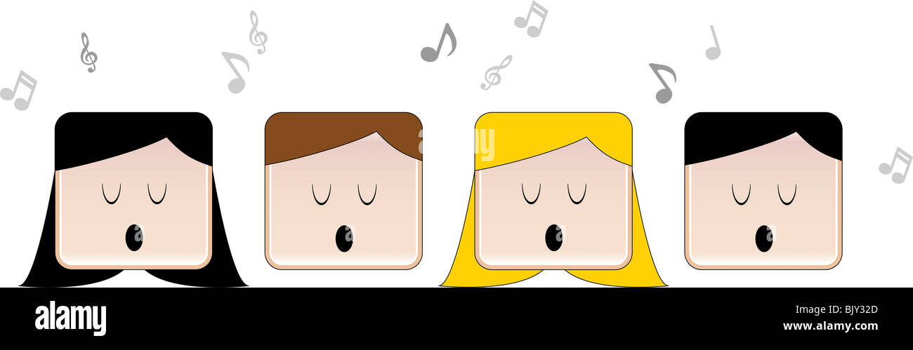 4 people in choir singing with music notes Stock Photo - Alamy