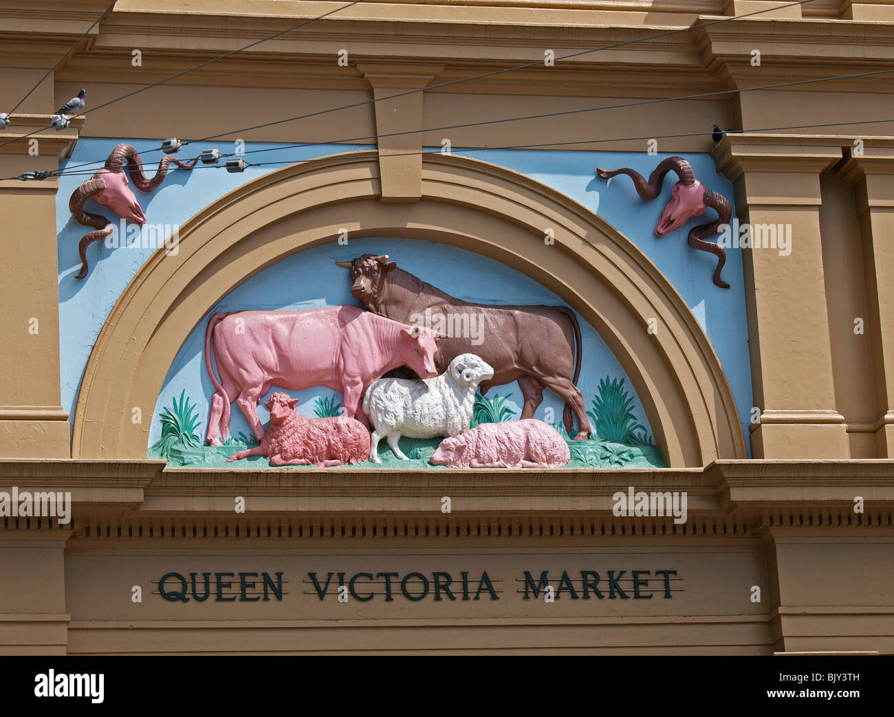 EXTERIOR OF MELBOURNES QUEEN VICTORIA MARKET SHOWING RELIEF SCULPTURES ...