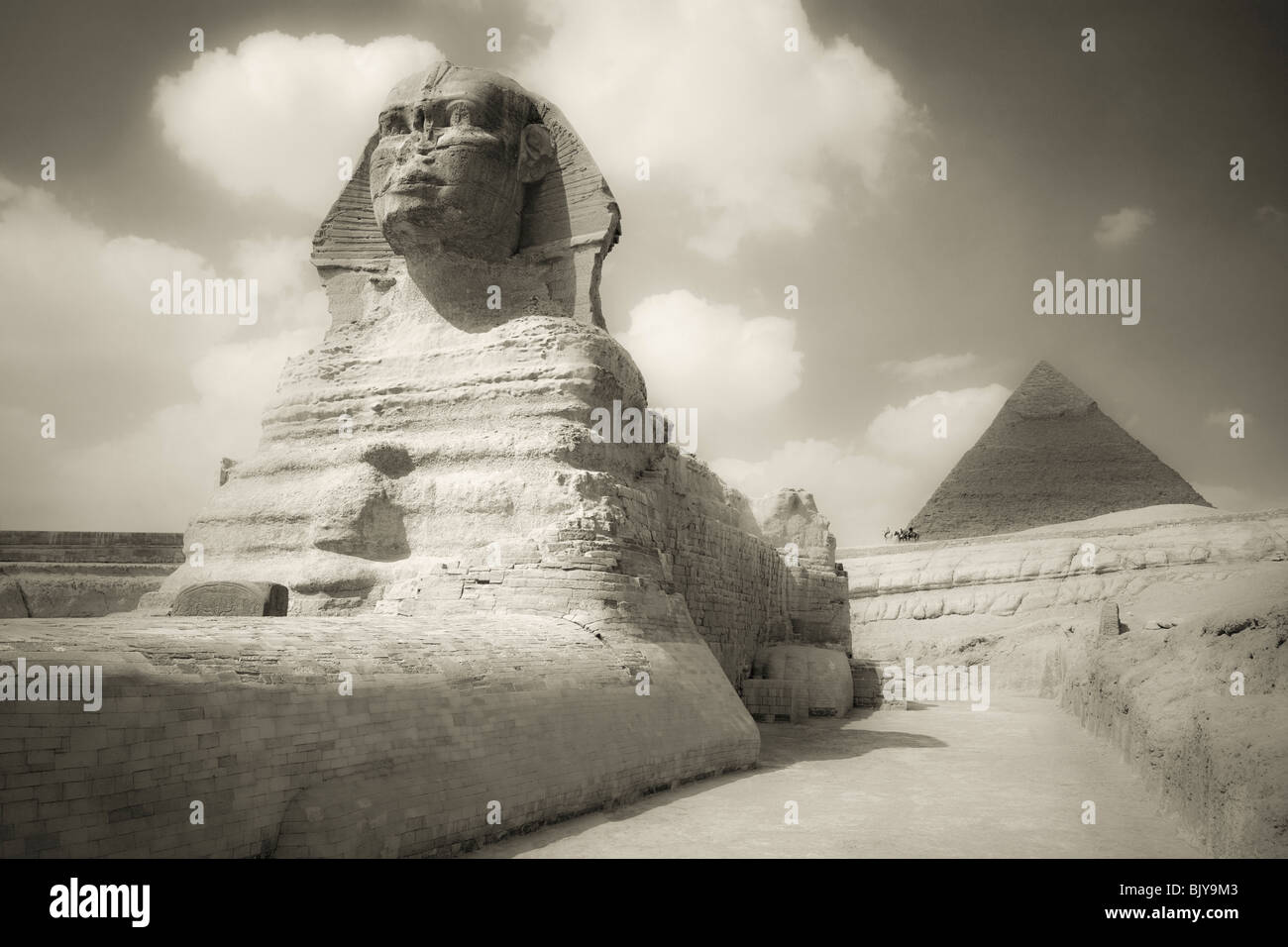 Black and white, the Great Sphinx at Giza seen from the Sphinx ...