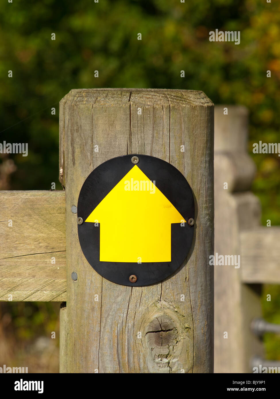 Public Footpath Yellow Arrow Marker Sign on Gatepost Stock Photo - Alamy