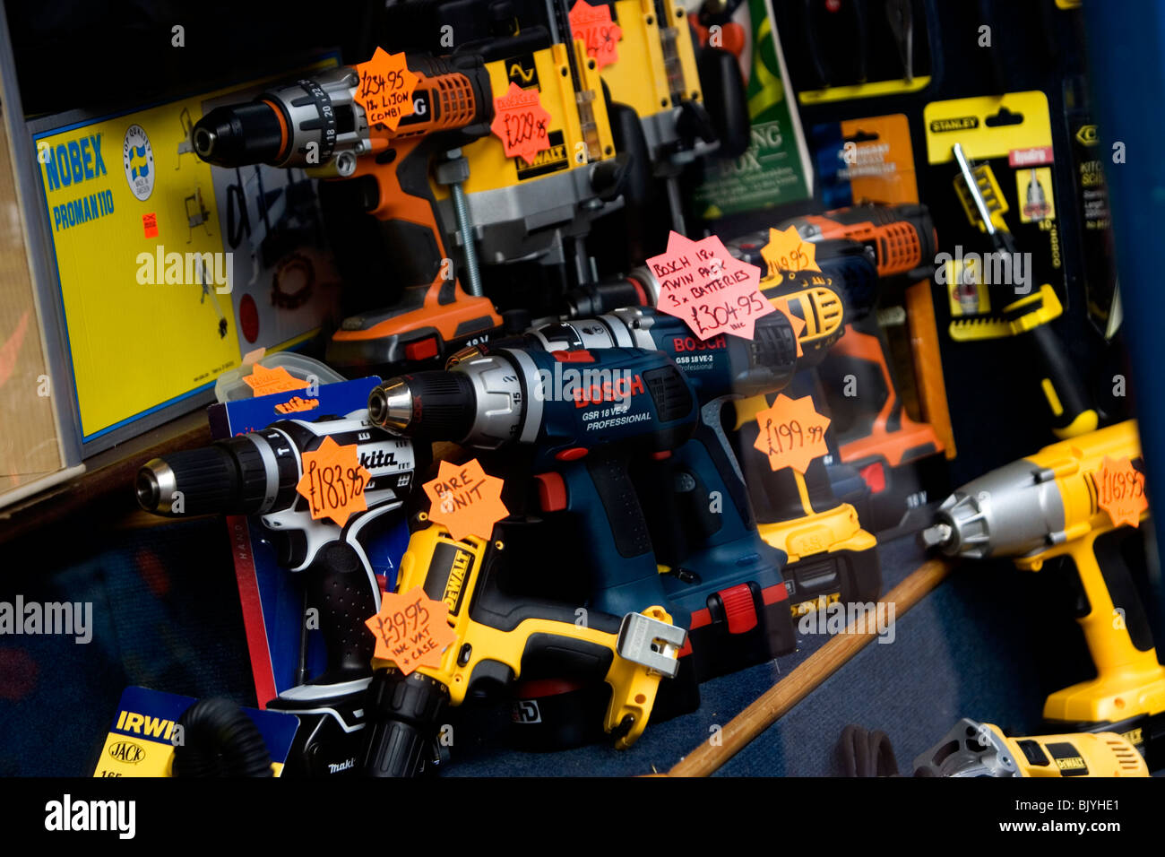 Tools pictured in a shop window in Brighton, East Sussex, UK Stock ...