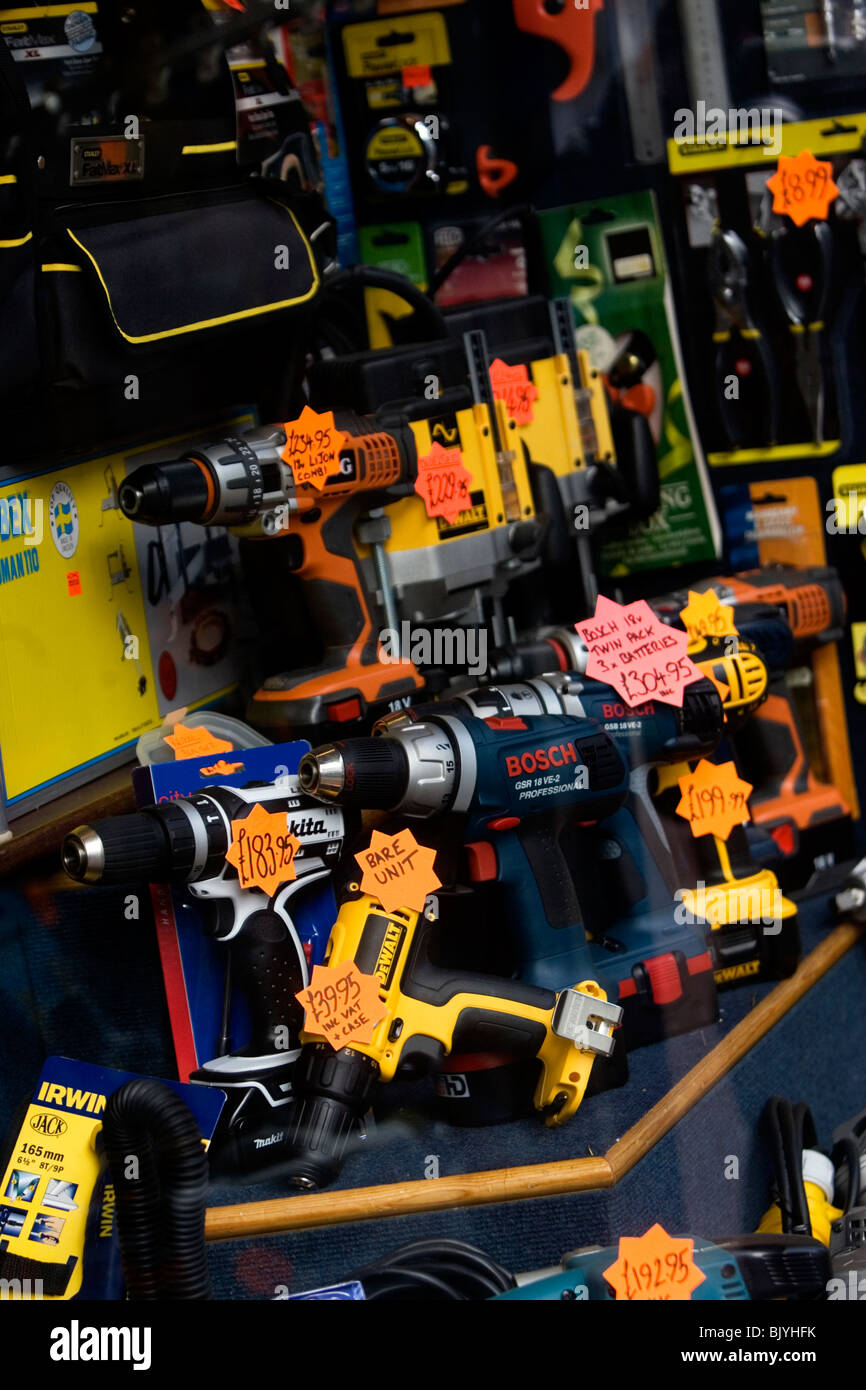 Tools pictured in a shop window in Brighton, East Sussex, UK Stock ...