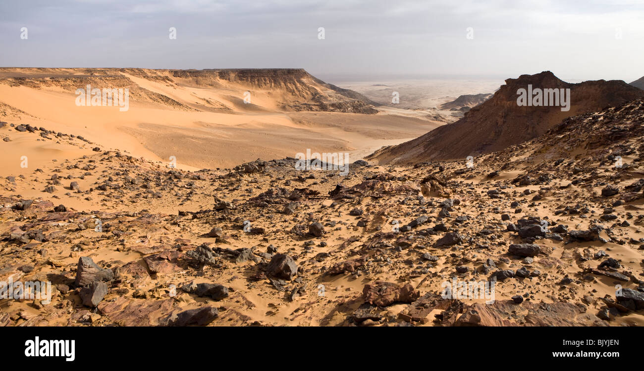 View from the top of Gilf Kebir Plateau overlooking the Aqaba Pass ...