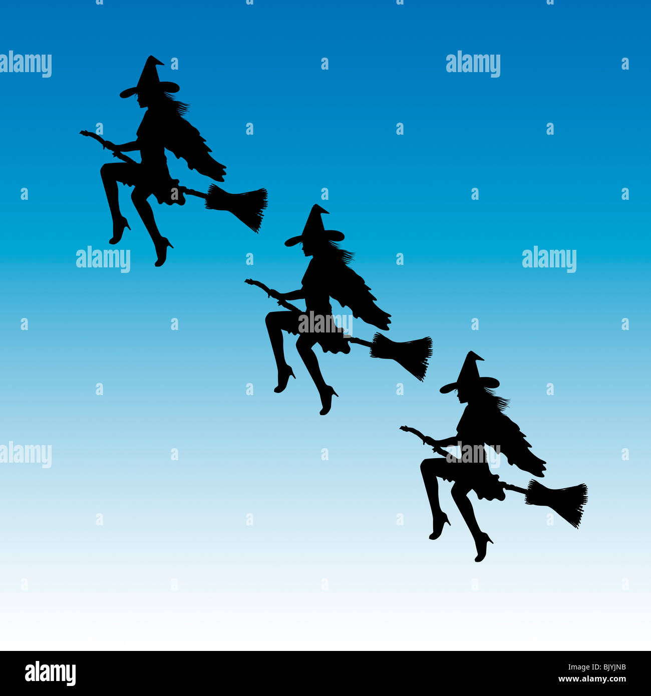 Illustration of Witches flying on their Broomsticks Stock Photo - Alamy