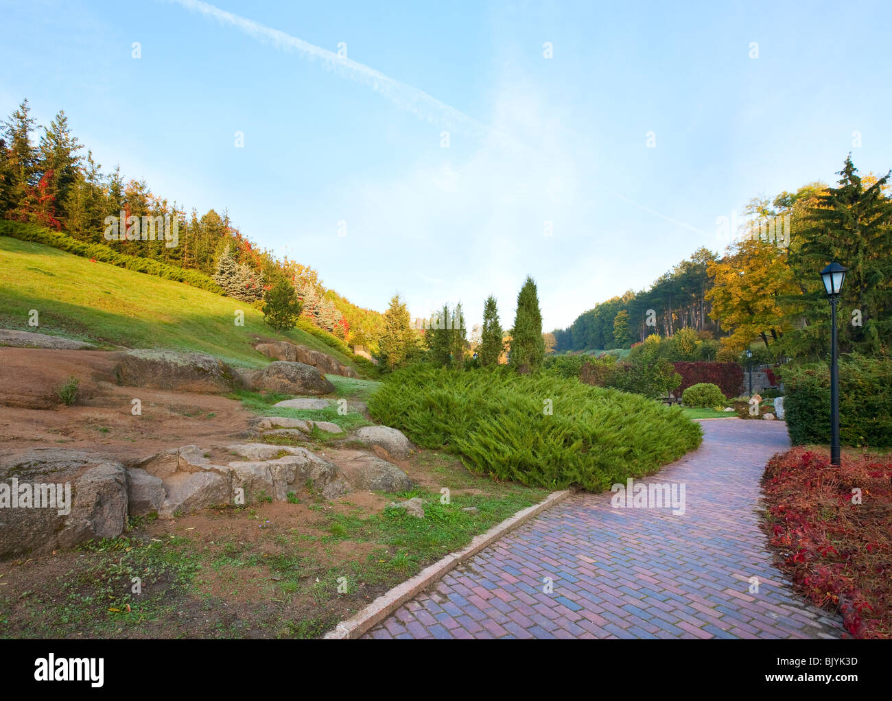 Pedestrian path and fir trees on hill in beautiful autumn city park ...