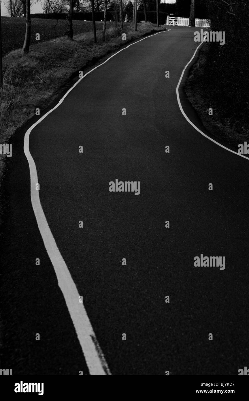 curved road ascending with grass verge and white lines next to a row of ...