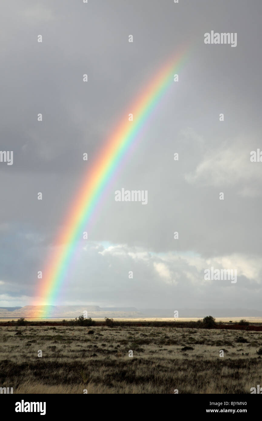 Rural landscape with a colorful rainbow and heavy rain clouds, southern ...