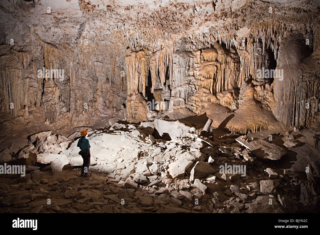 Woman caver in Kickapoo Caverns with formations Texas USA Stock Photo ...